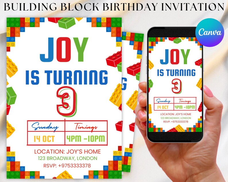 Building Blocks Birthday Invitation Building Bricks Kids Birthday Party ...