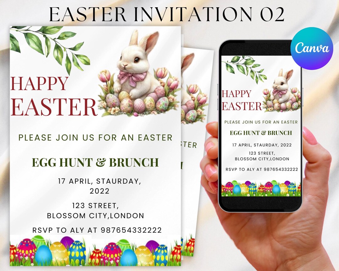 Easter Invitation He is Risen, Religious Easter Invitation Bunny ...