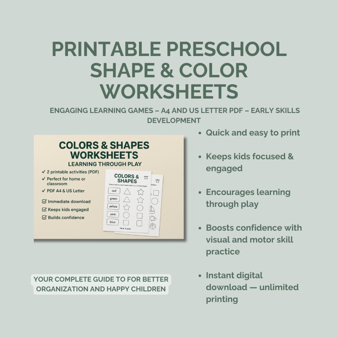 Preschool Shapes & Colors Worksheets: Learning Games (A4/US Letter PDF ...