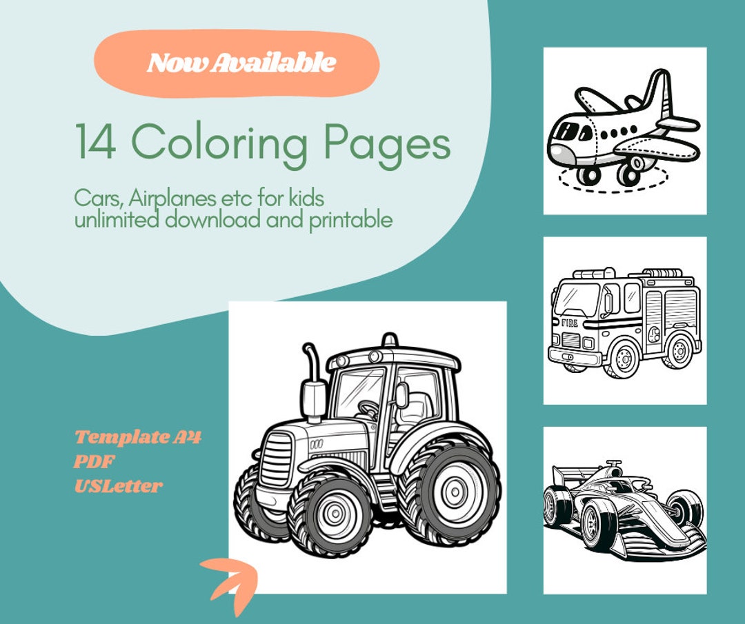 Coloring Pages for Kids, Cars, Airplane, Transport. Unlimited A4 PDF ...