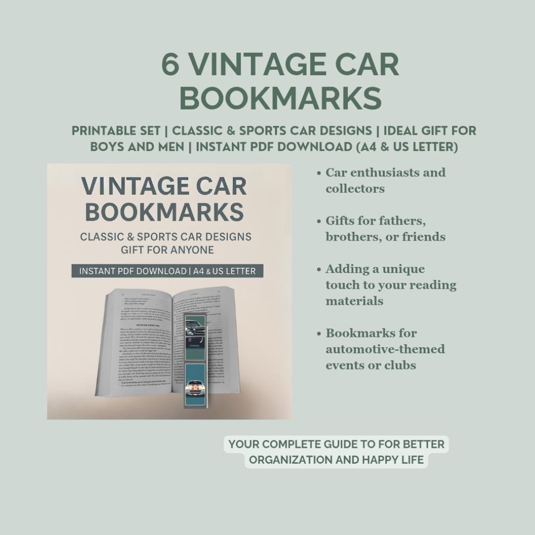 6 Vintage Car Bookmarks – Printable Set | Classic Sports Car Designs ...