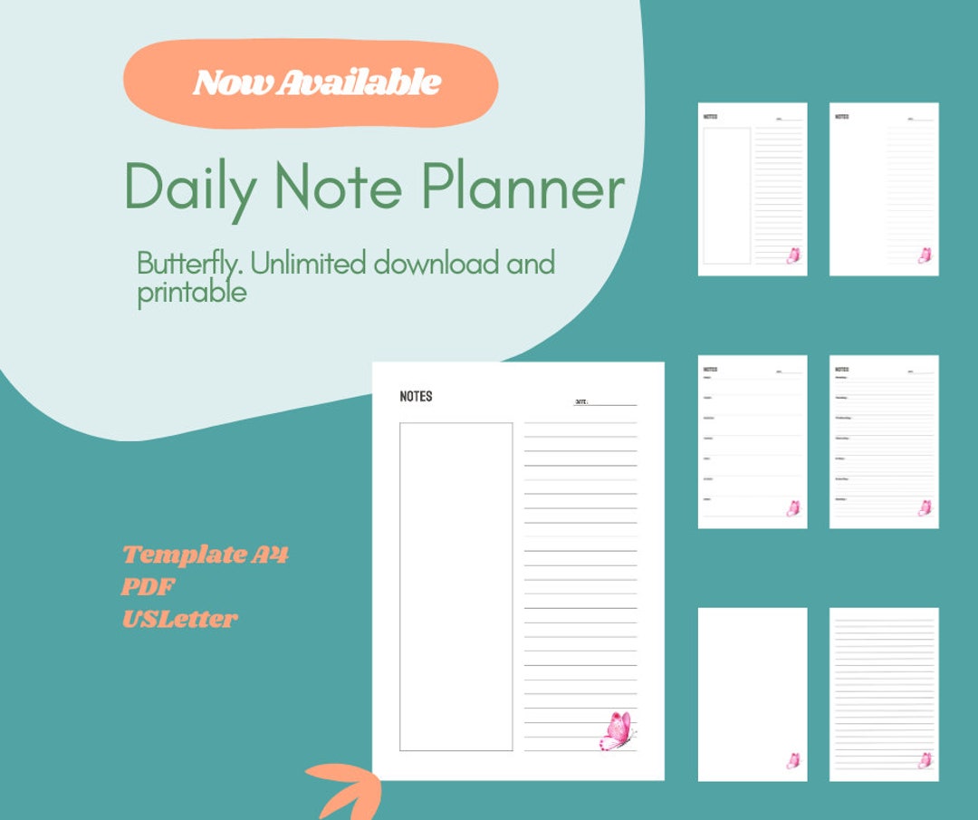 Daily Notes Planner Butterfly Design A4 & US Letter Instant Download ...