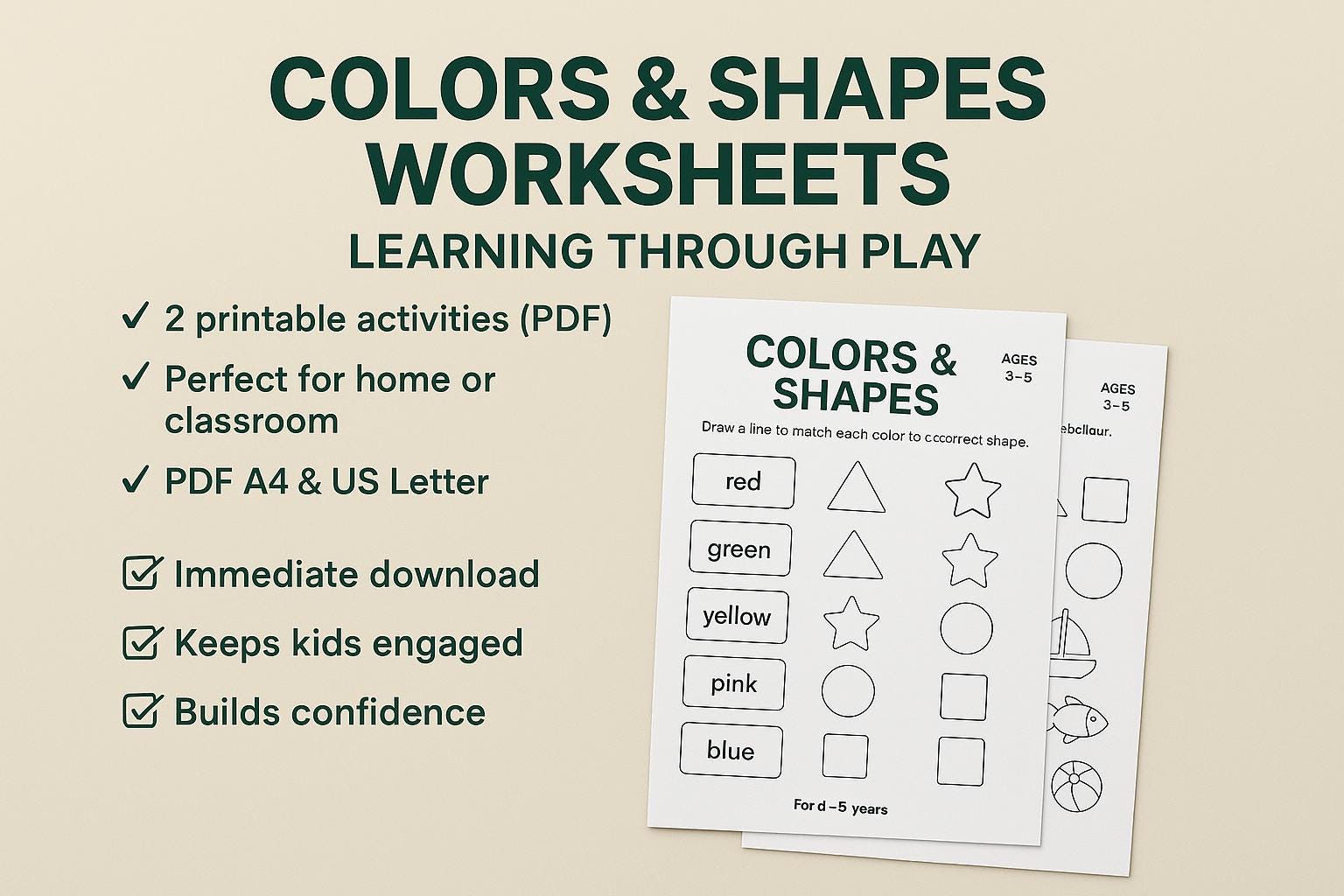 Preschool Shapes & Colors Worksheets: Learning Games (A4/US Letter PDF ...