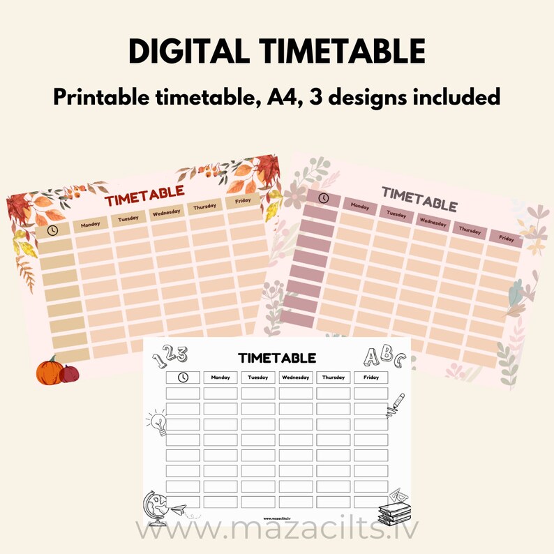 Printable School Timetable, Digital Timetable, A4, 3 Designs, Instant ...