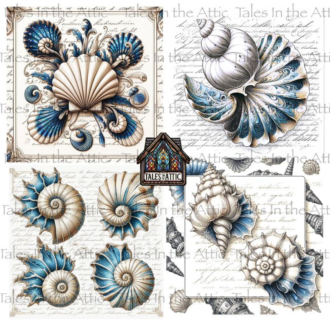 Blue Seashells PNG Image Files for 4” Coasters, 300 Dpi, for Transfers ...