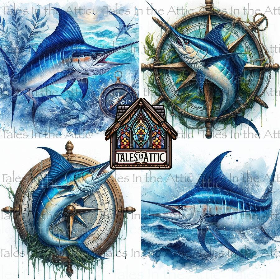 Blue Marlin No2 PNG Image Files for 4” Coasters, 300 Dpi, for Transfers ...