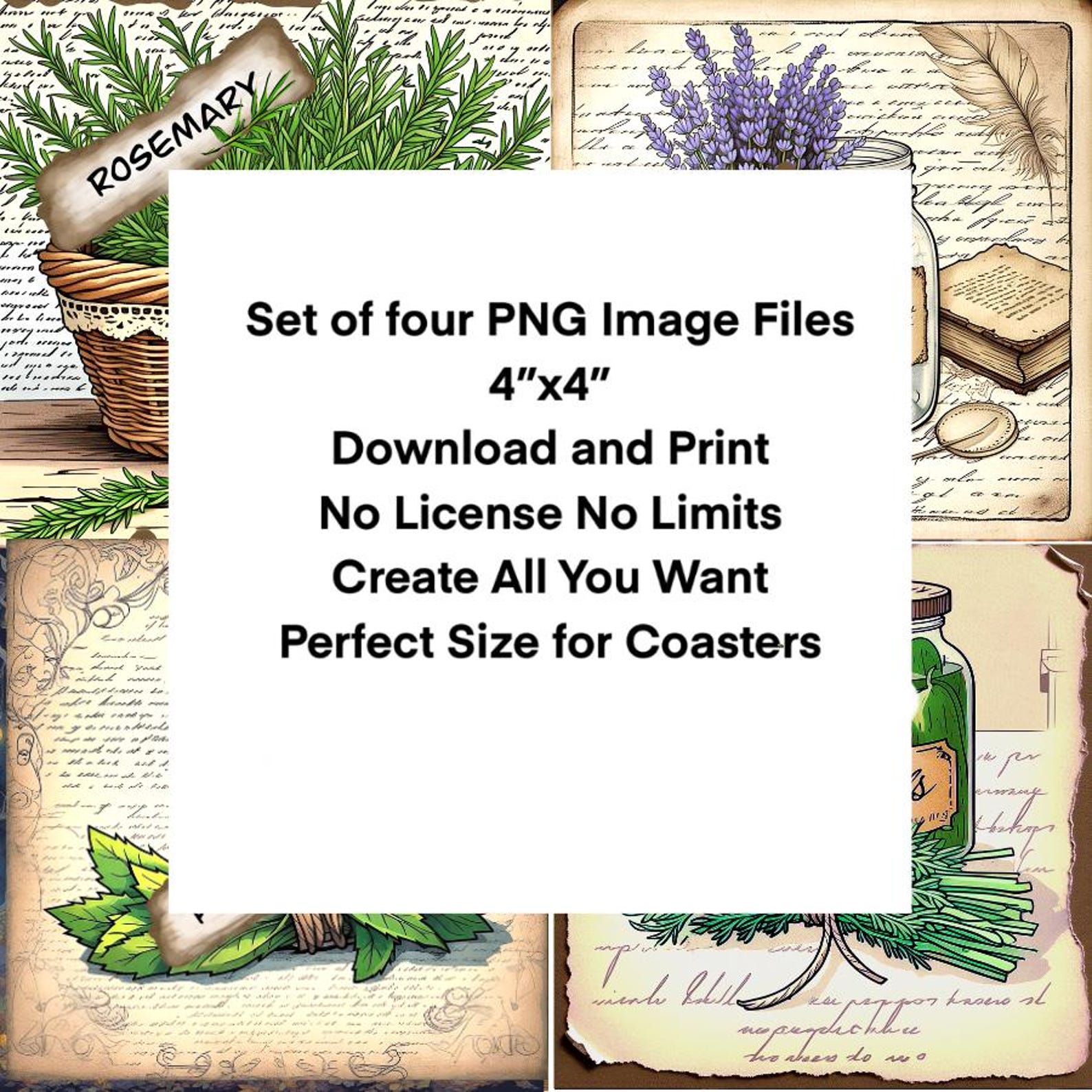 Herbs PNG Image Files for 4” Coasters, 300 Dpi, for Transfers ...