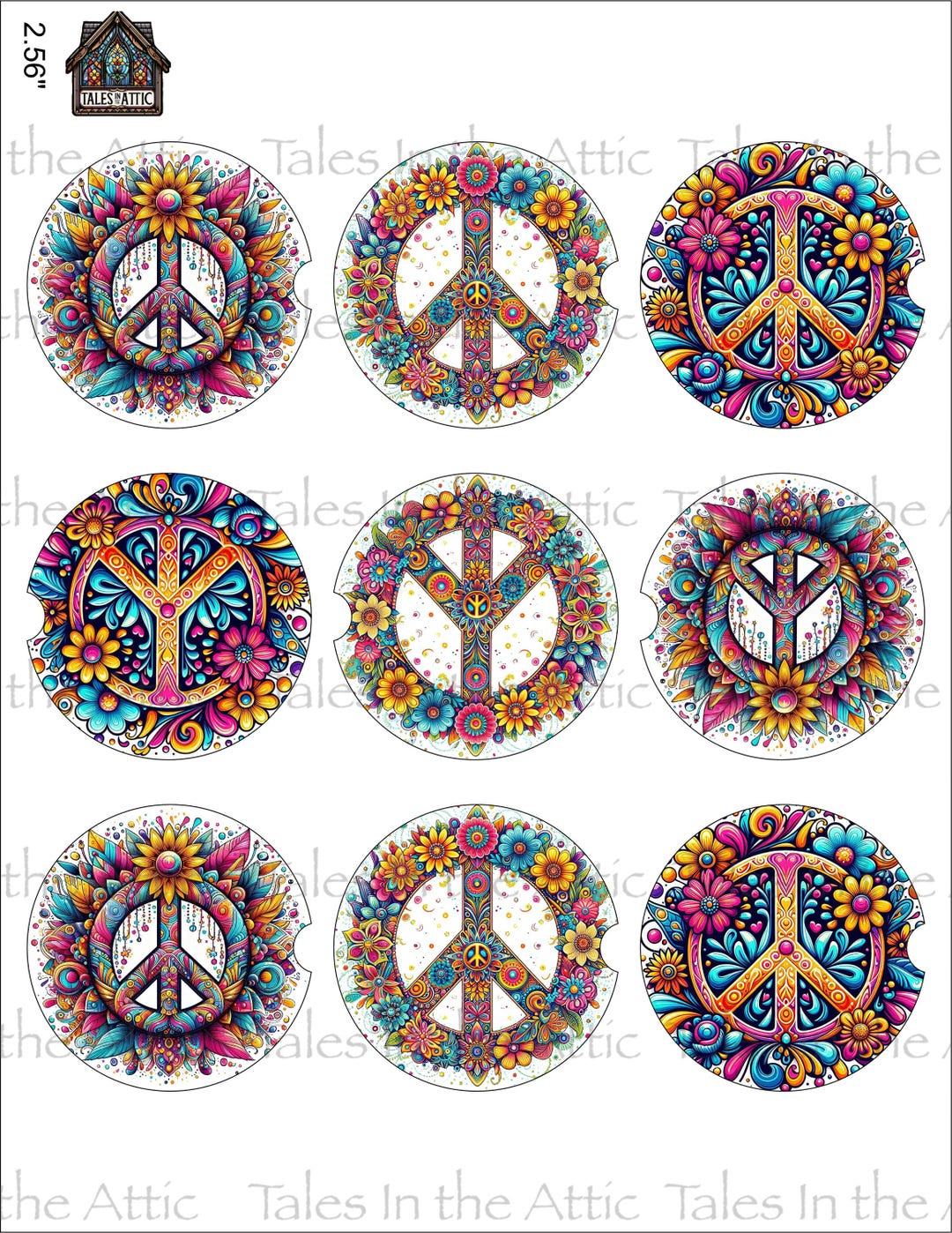Peace Signs Hippy PNG Image Files for 2.56” Notched Car Coasters, 300 ...