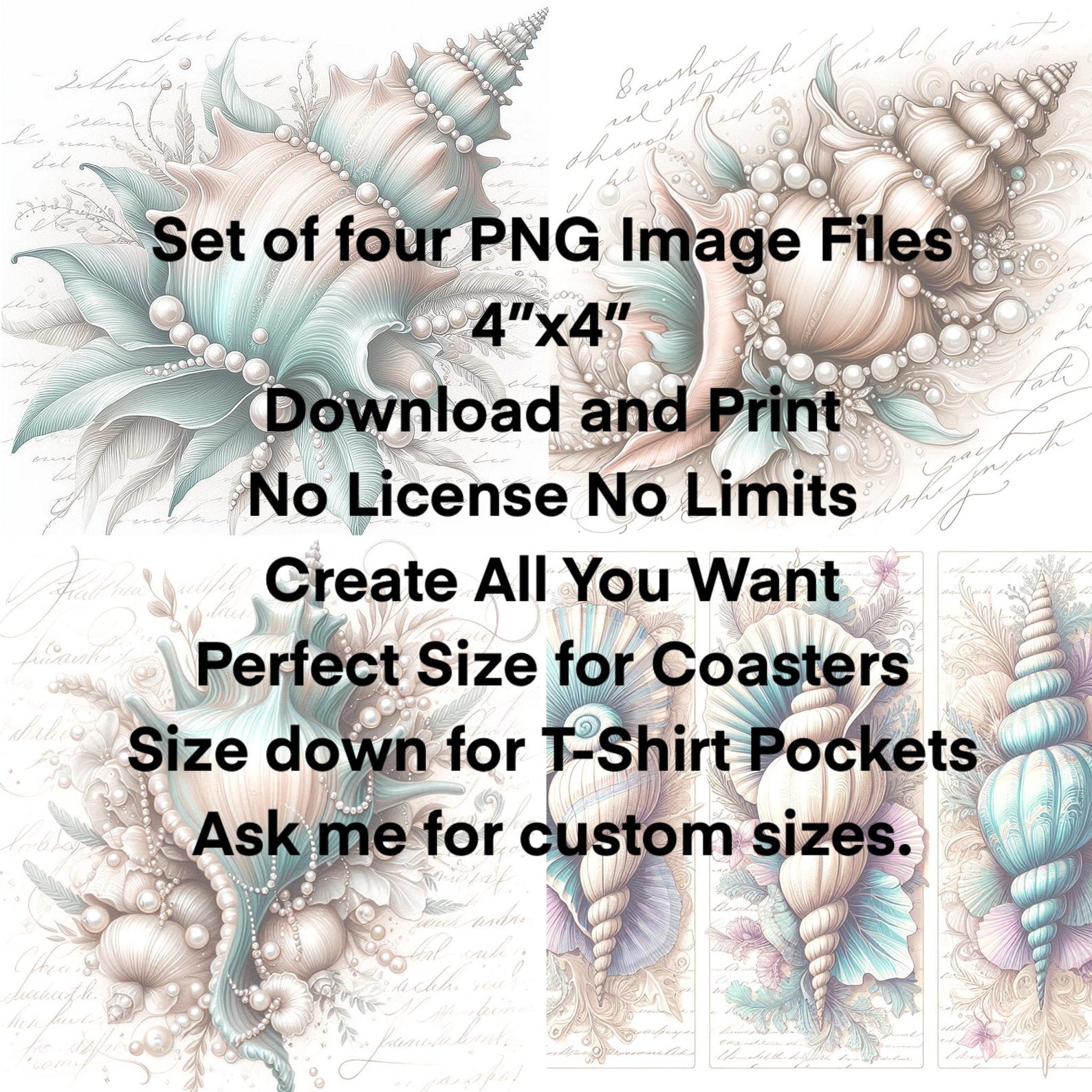 Pearls Conch Seashells PNG Image Files for 4” Coasters, 300 Dpi, for ...