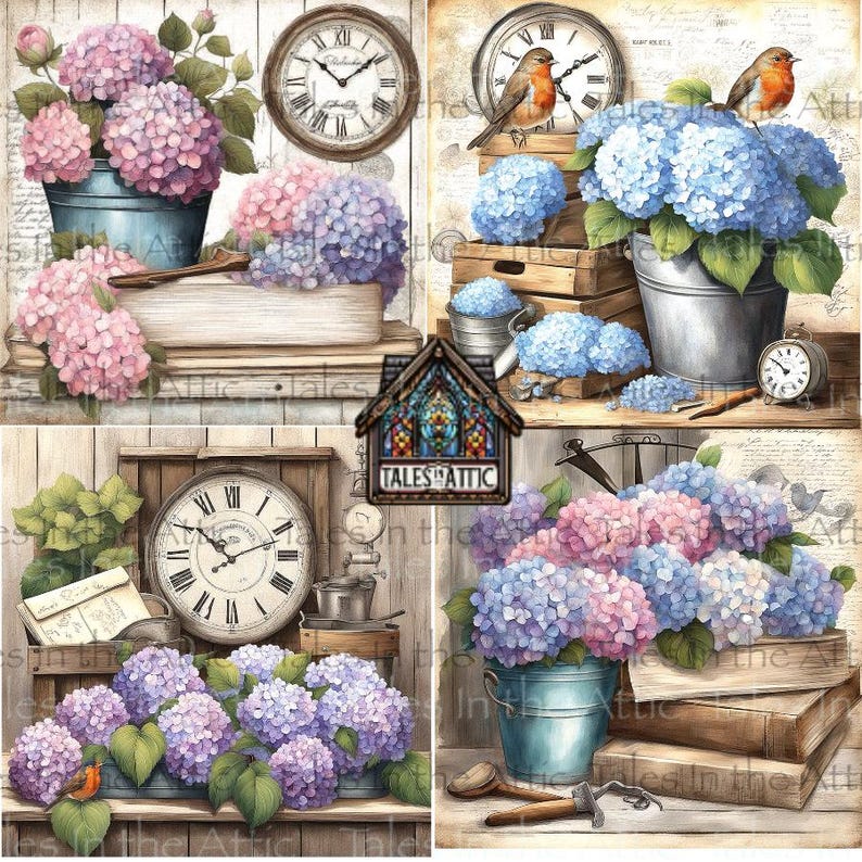 Vintage Hydrangea Books Clock PNG Image Files for 4” Coasters, 300 Dpi ...