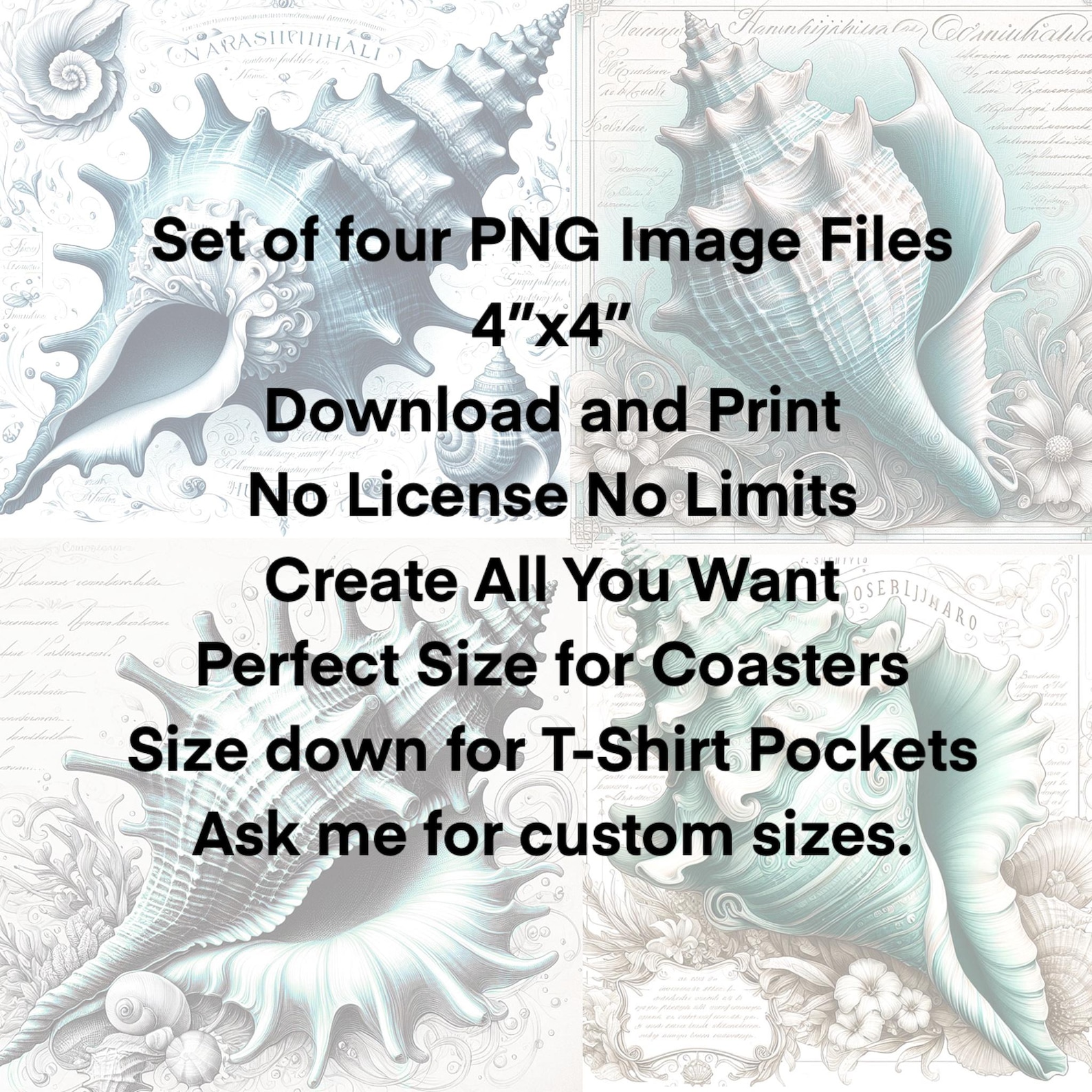 Aqua Conch Seashells PNG Image Files for 4” Coasters, 300 Dpi, for ...