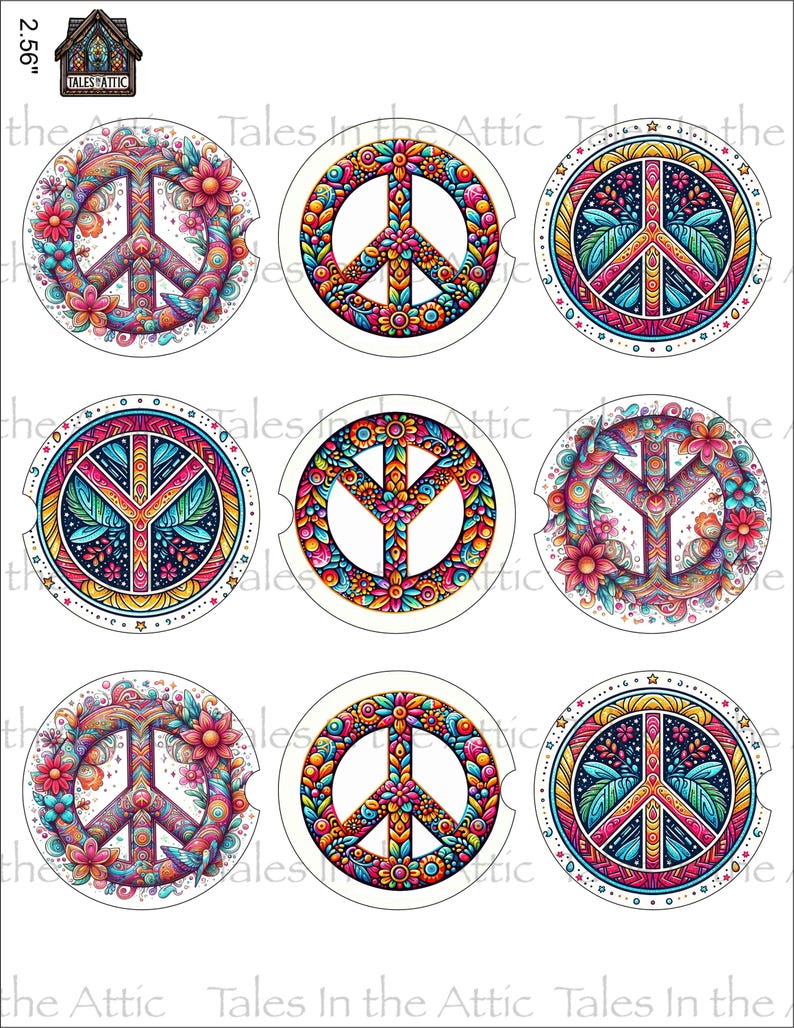 Peace Signs Hippy PNG Image Files for 2.56” Notched Car Coasters, 300 ...