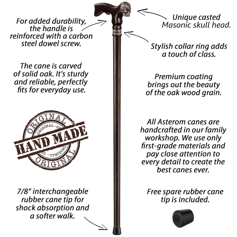 Custom Walking Cane - Masonic Skull Walking Stick - Wooden Cane for Men ...