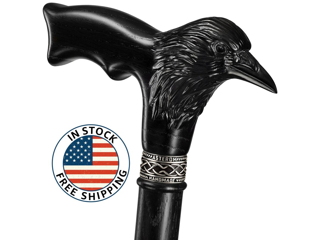 Black Raven Walking Cane for Men - Handmade Wood Walking Stick - Wooden ...