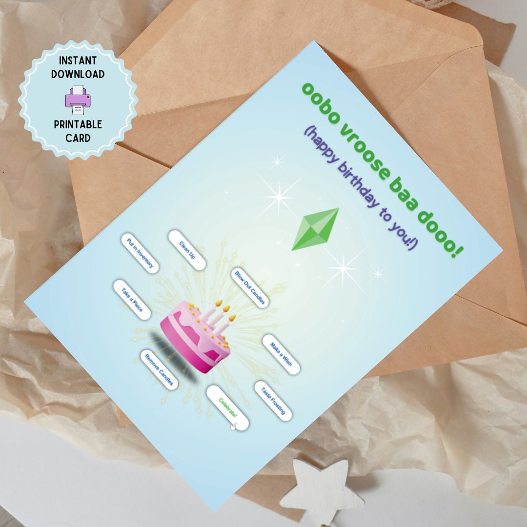 Printable the Sims Birthday Card, Cake Birthday Card, Digital Birthday ...