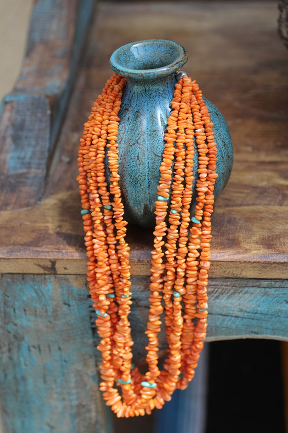 Spiny Oyster Shell and Turquoise, 5 Strand Native Ame… - Gem
