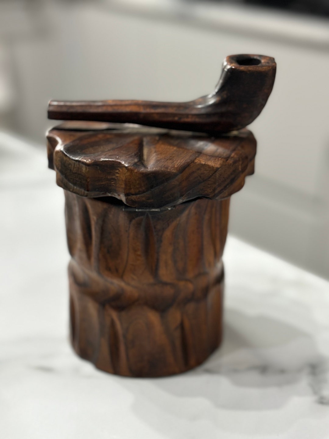 Vintage Hand Carved Wooden Tobacco Storage Container With Pipe Handle ...