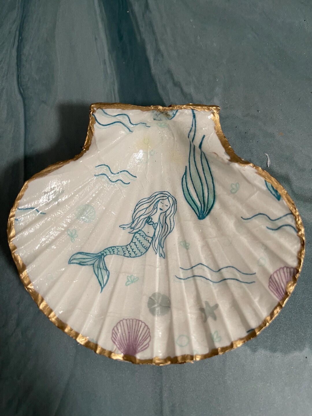 Cute Mermaid Gold Leaf Seashell Jewelry Dish | Coastal Decor | Beach ...