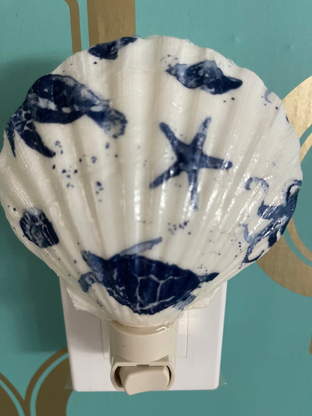 Decoupaged Seashell Night Light, Blue Sea Turtle Night Light, Shell ...