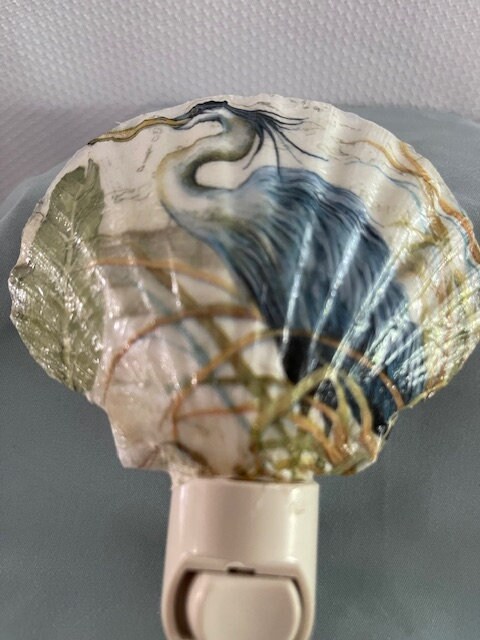 Decoupaged Seashell Night Light, Blue Heron Night Light, Shell ...