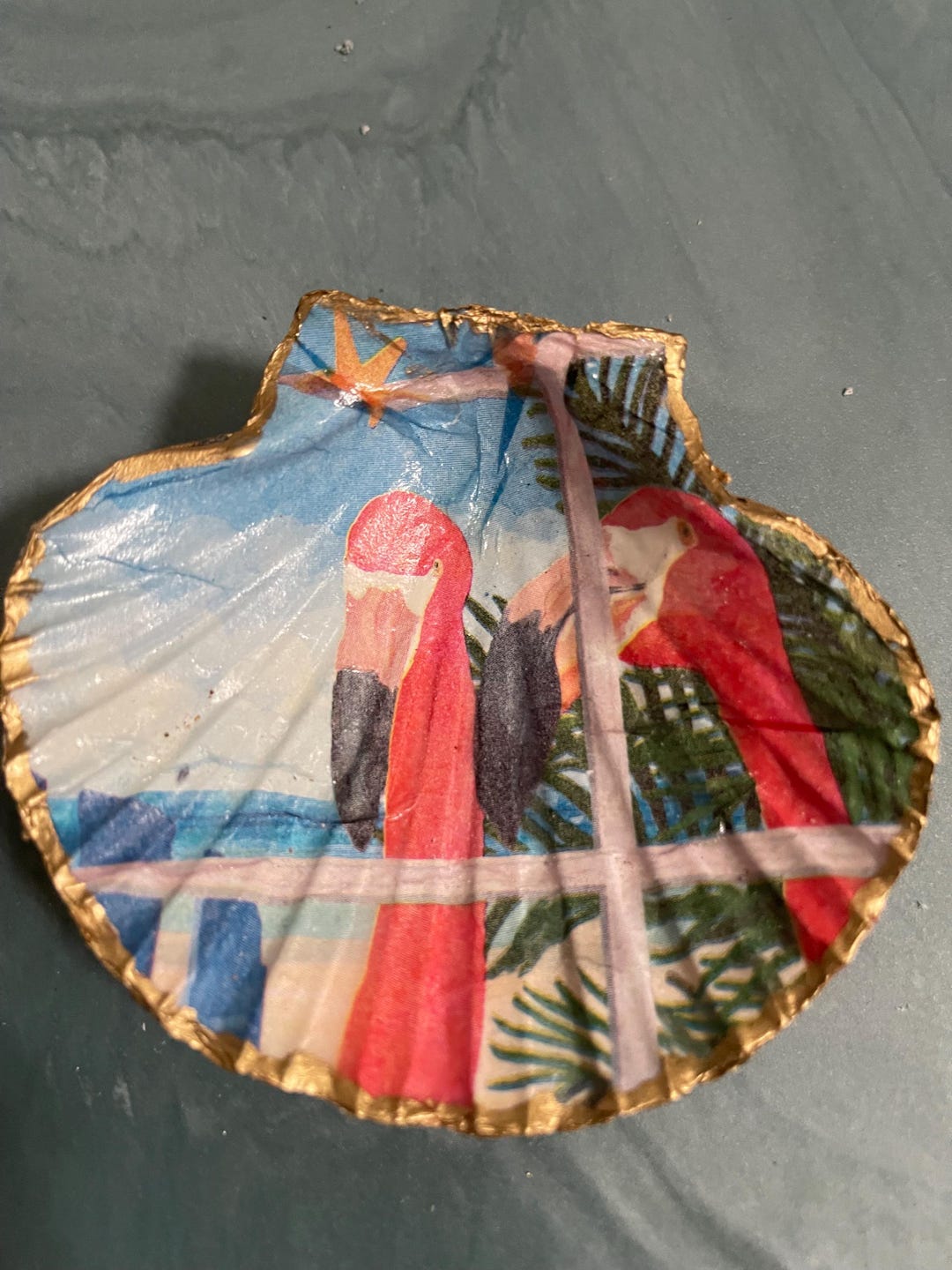 Flamingo Friends Gold Leaf Seashell Jewelry Dish | Coastal Decor ...