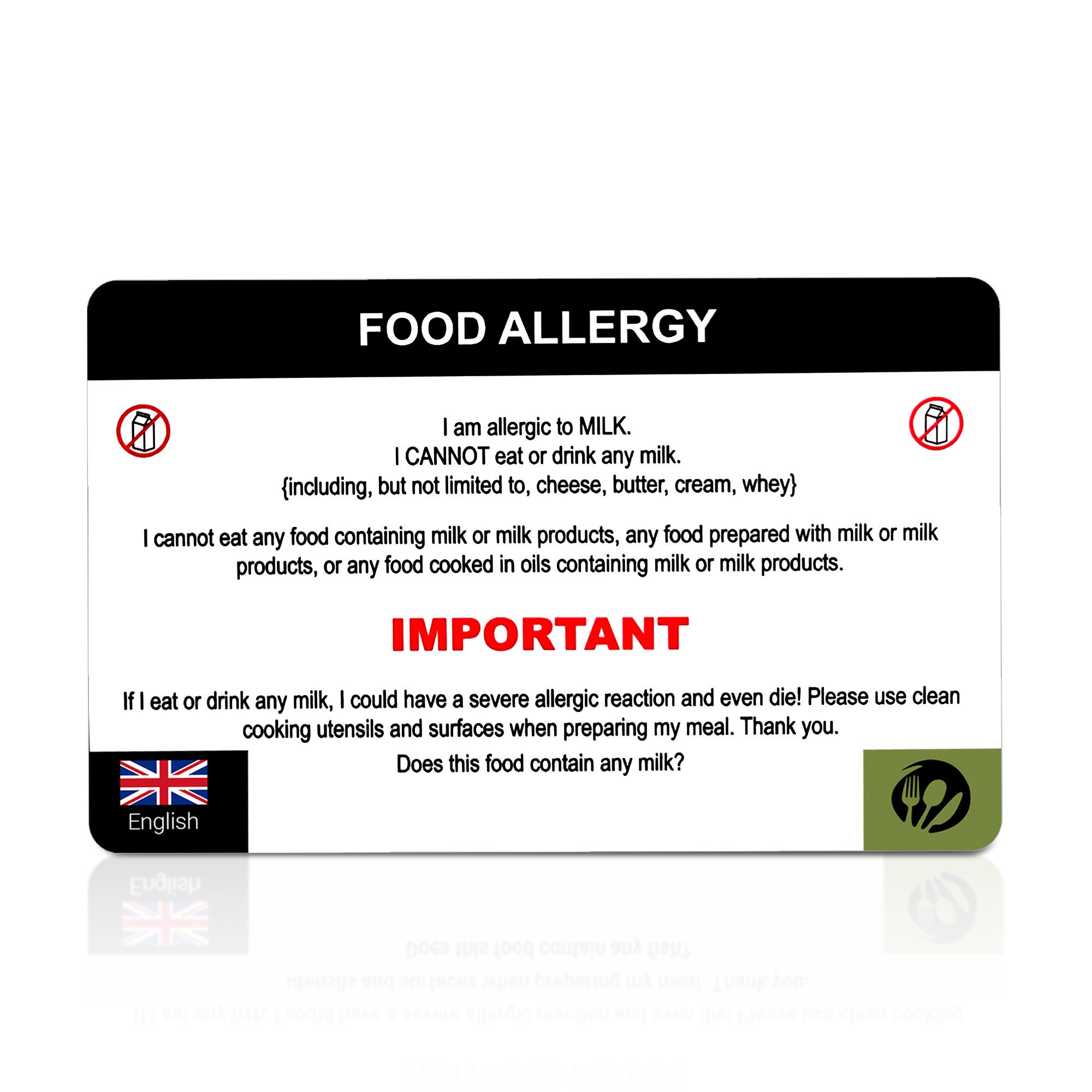 Milk Allergy Translation Card - Etsy