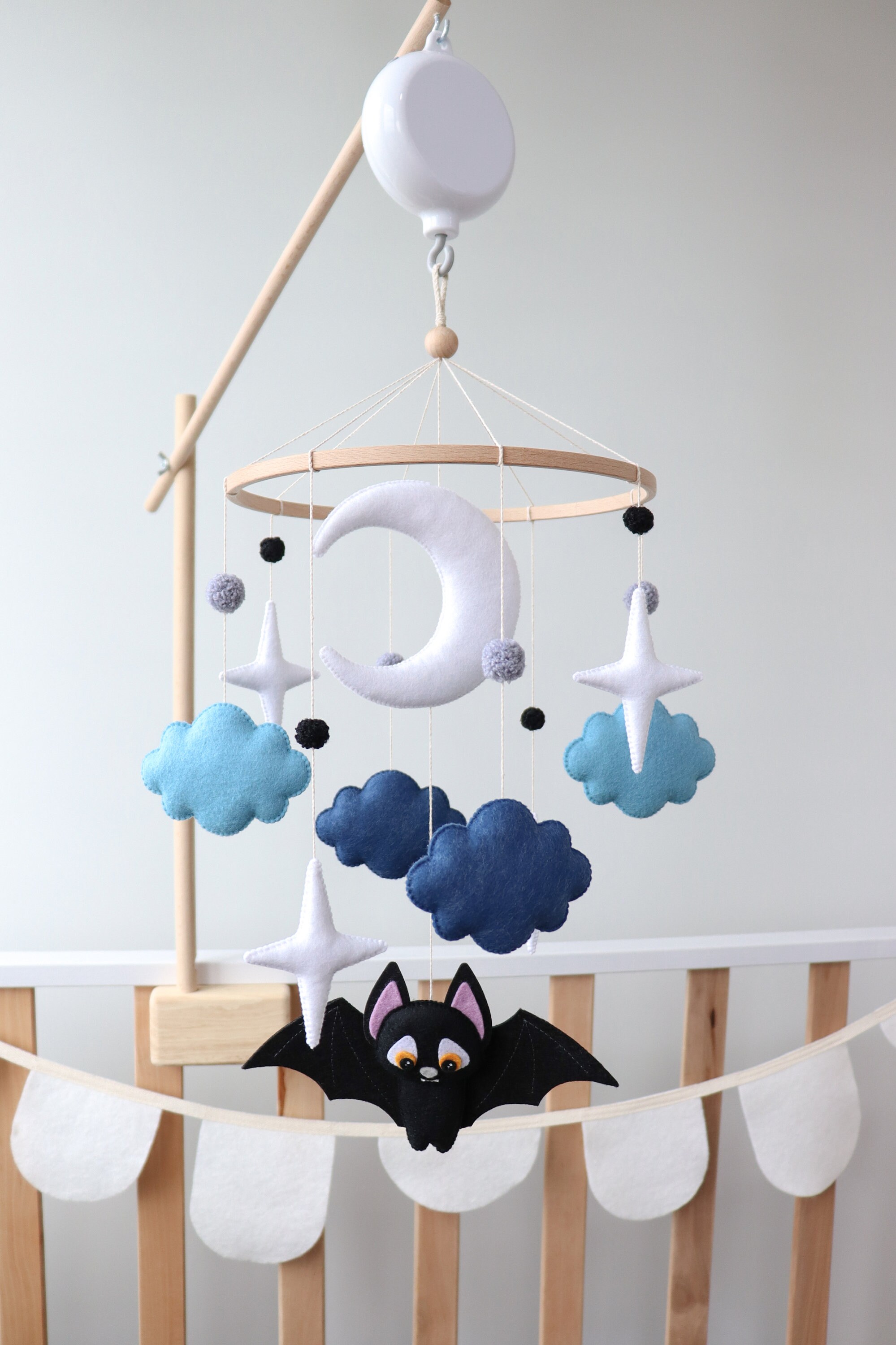 Bat Baby Mobile for Crib, Halloween Nursery Decor, Felt Moon, Clouds ...