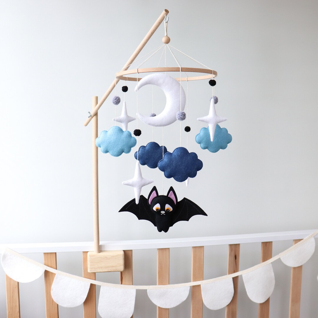 Bat Baby Mobile for Crib, Halloween Nursery Decor, Felt Moon, Clouds ...