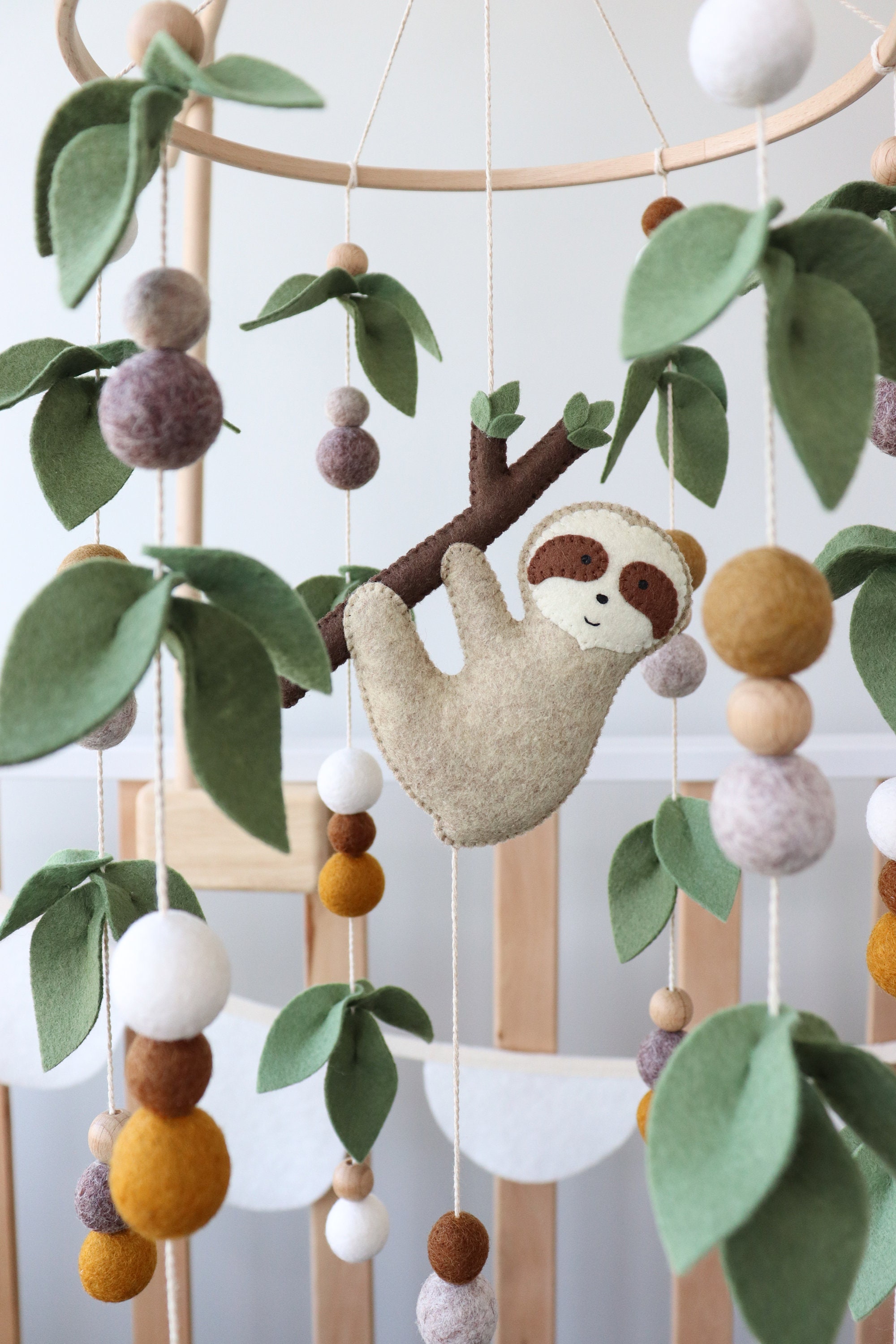 Sloth Baby Mobile for Crib, Woodland Animals Nursery Decor, Felt ...