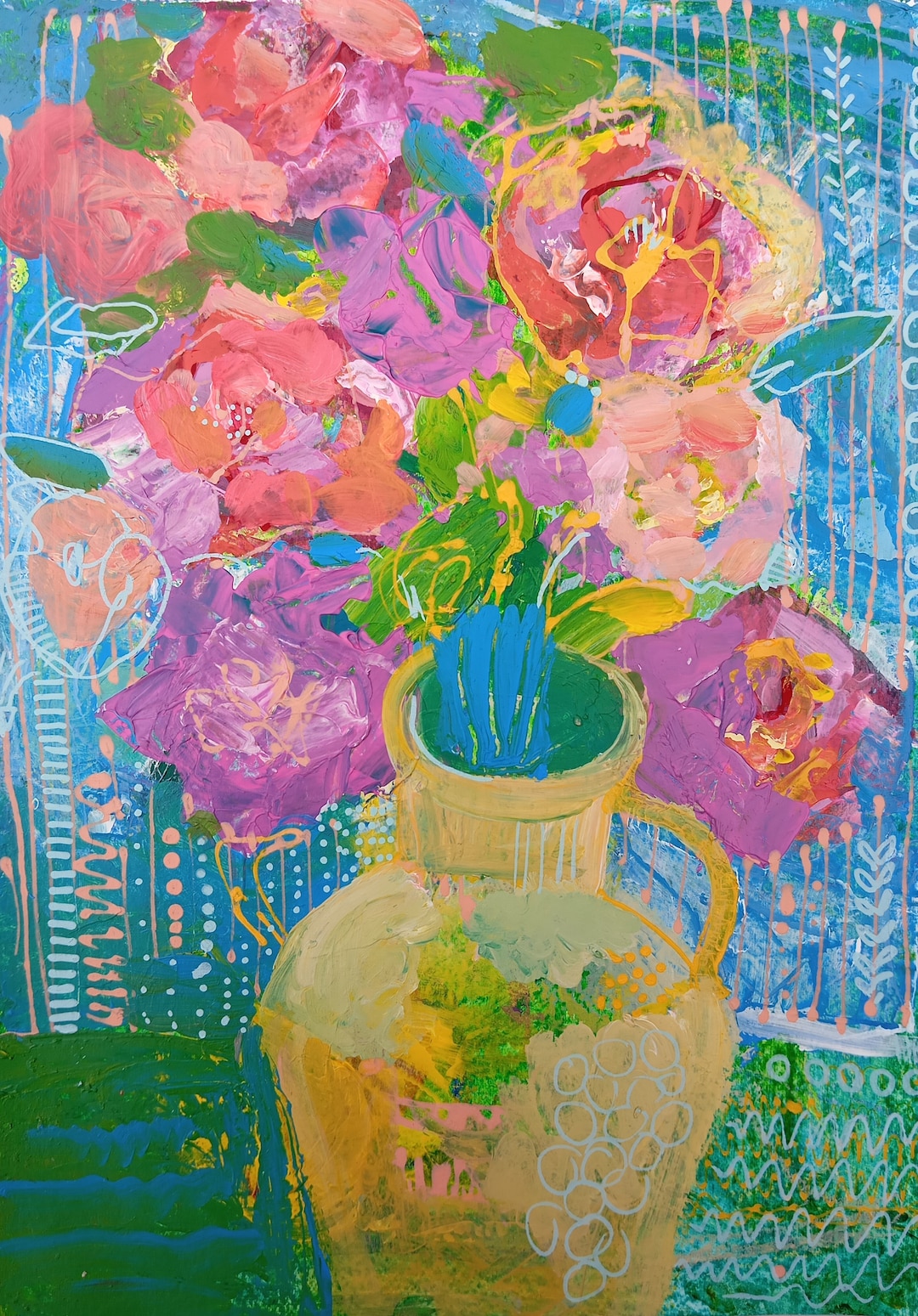 Peonies Art Original Abstract Painting Colorful Flowers Pink Rose ...