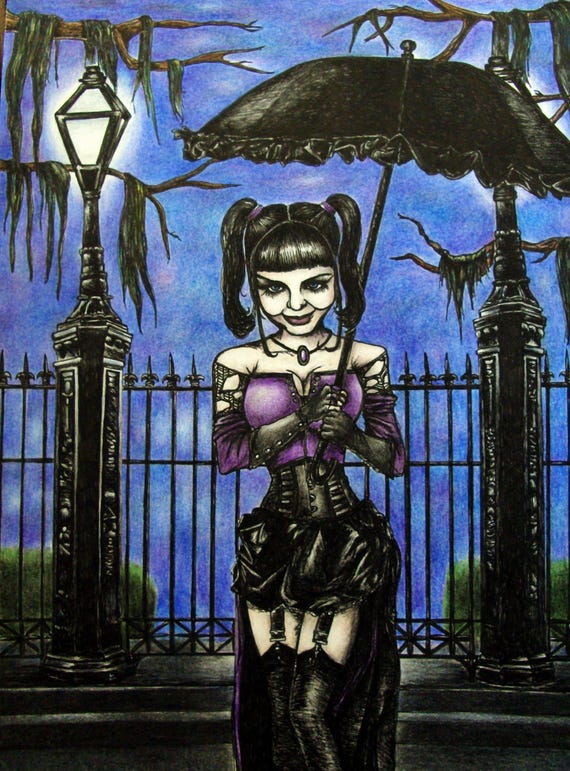 Goth Girl New Orleans Umbrella Midnight Stroll Colored Pencil Drawing ...