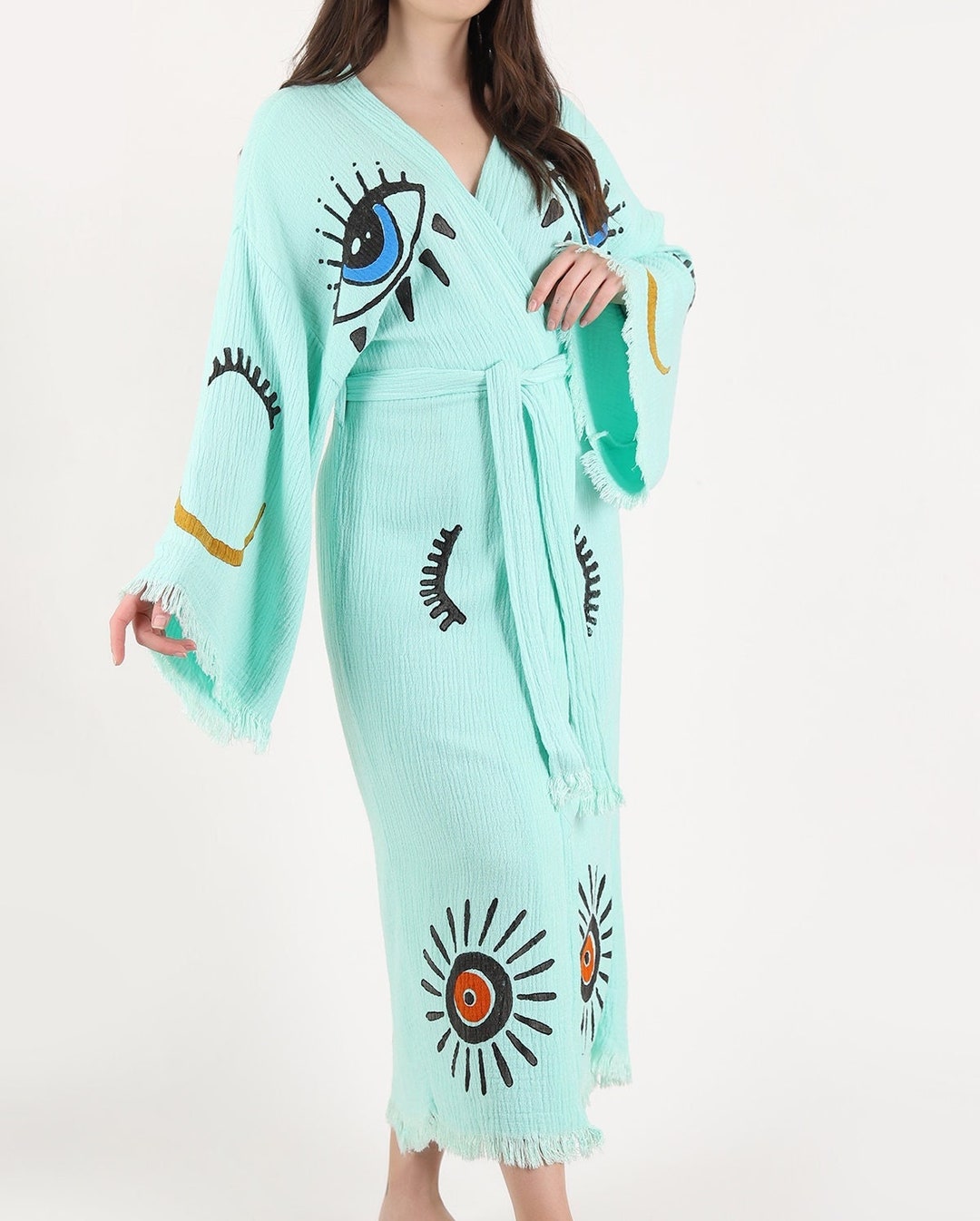 Handmade Evil Eye, Moon and Sun Festival Kimono Robe Muslin Turkish ...