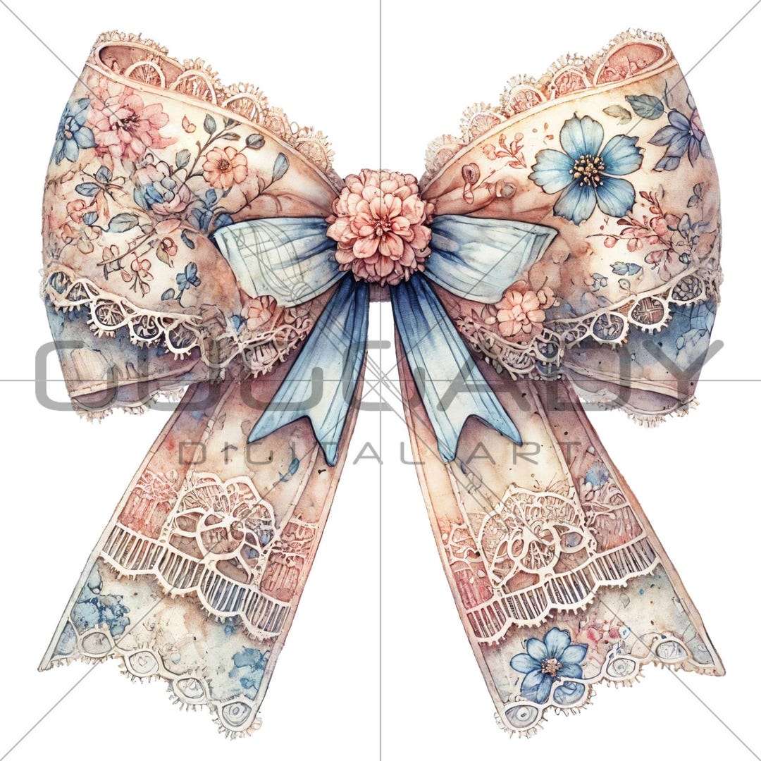 Retro Floral Bow PNG | Lace Ribbon Clipart | Shabby Chic Bow Digital ...