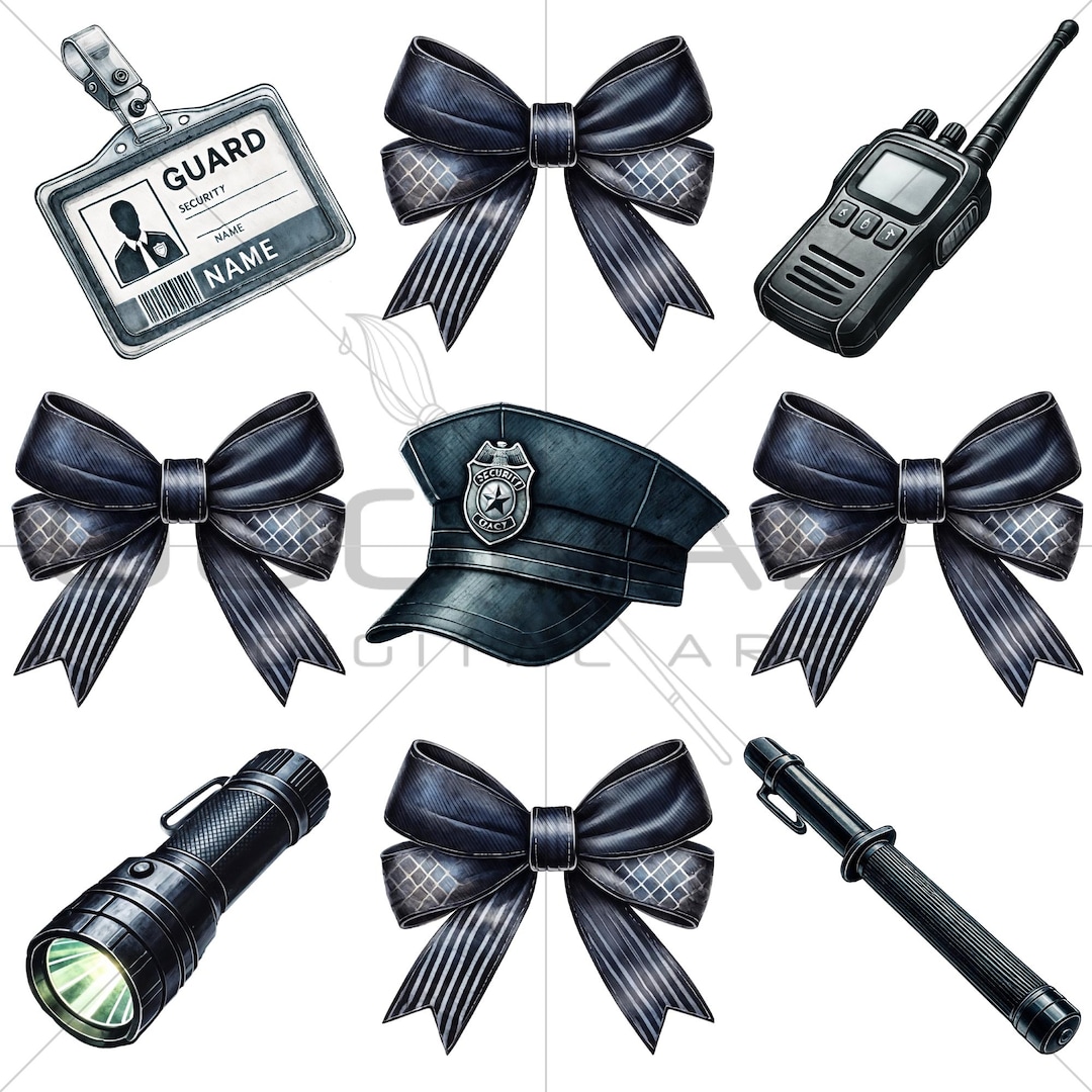 Security Guard Clipart PNG, Watercolor Police Badge Hat Radio Bow ...