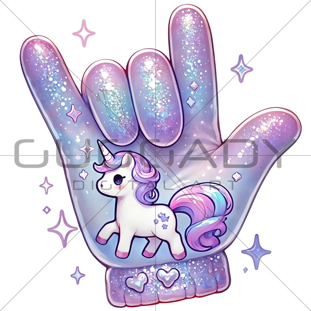 Pastel Unicorn ASL I Love You Hand Sign PNG: Glitter Clipart (digital ...