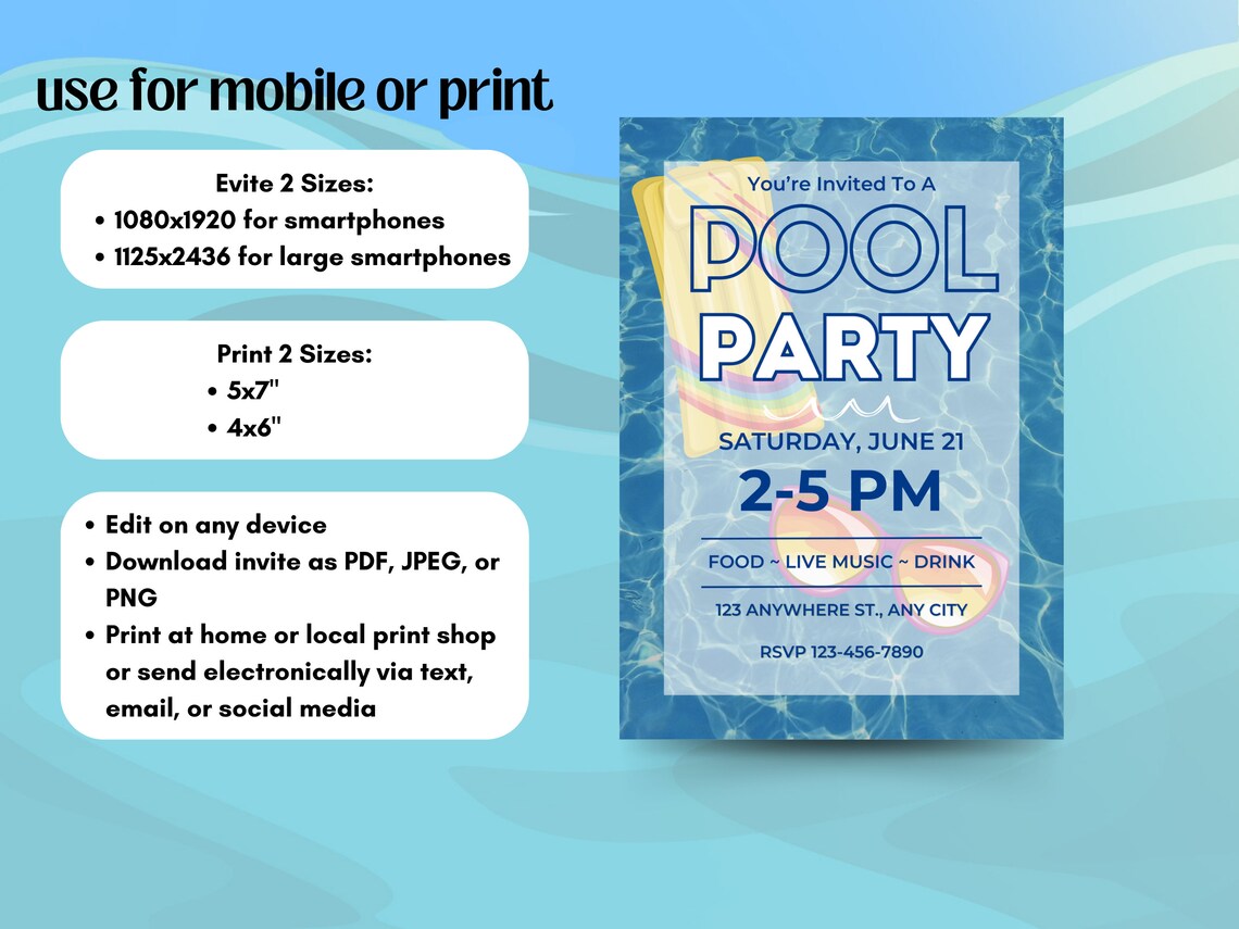 Pool Party Invitation Template - (editable) Summer Birthday Invite ...