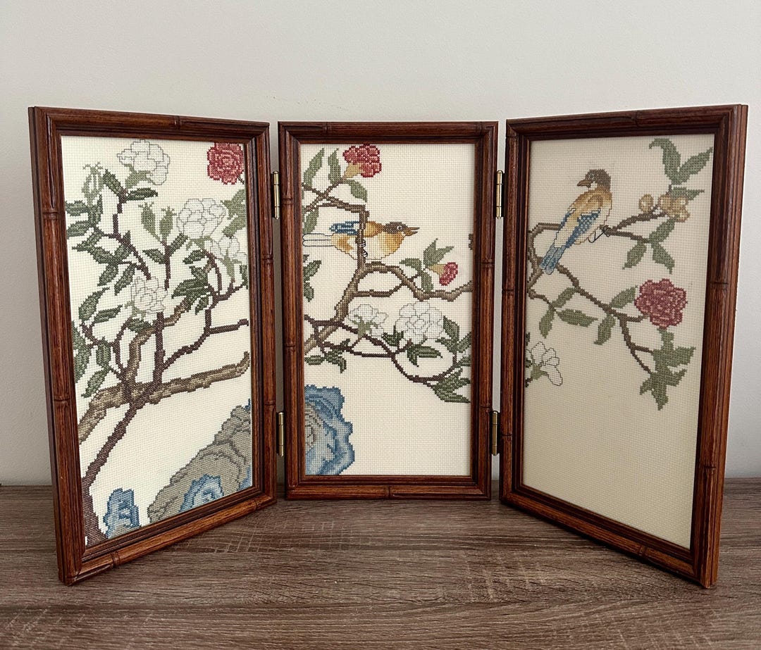Vintage Cross Stich Framed Triptych of Birds on Branches - Etsy