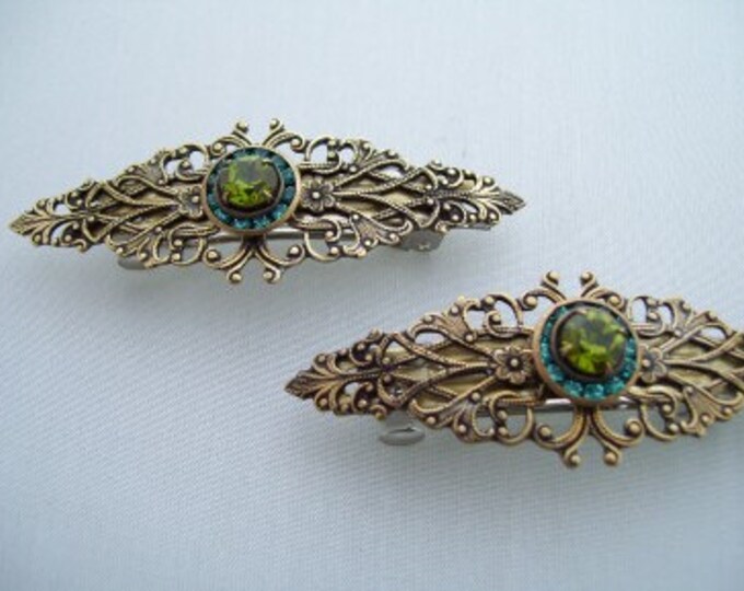 Hair Barrette Victorian Small Barrette Antique Gold Blue and Green ...