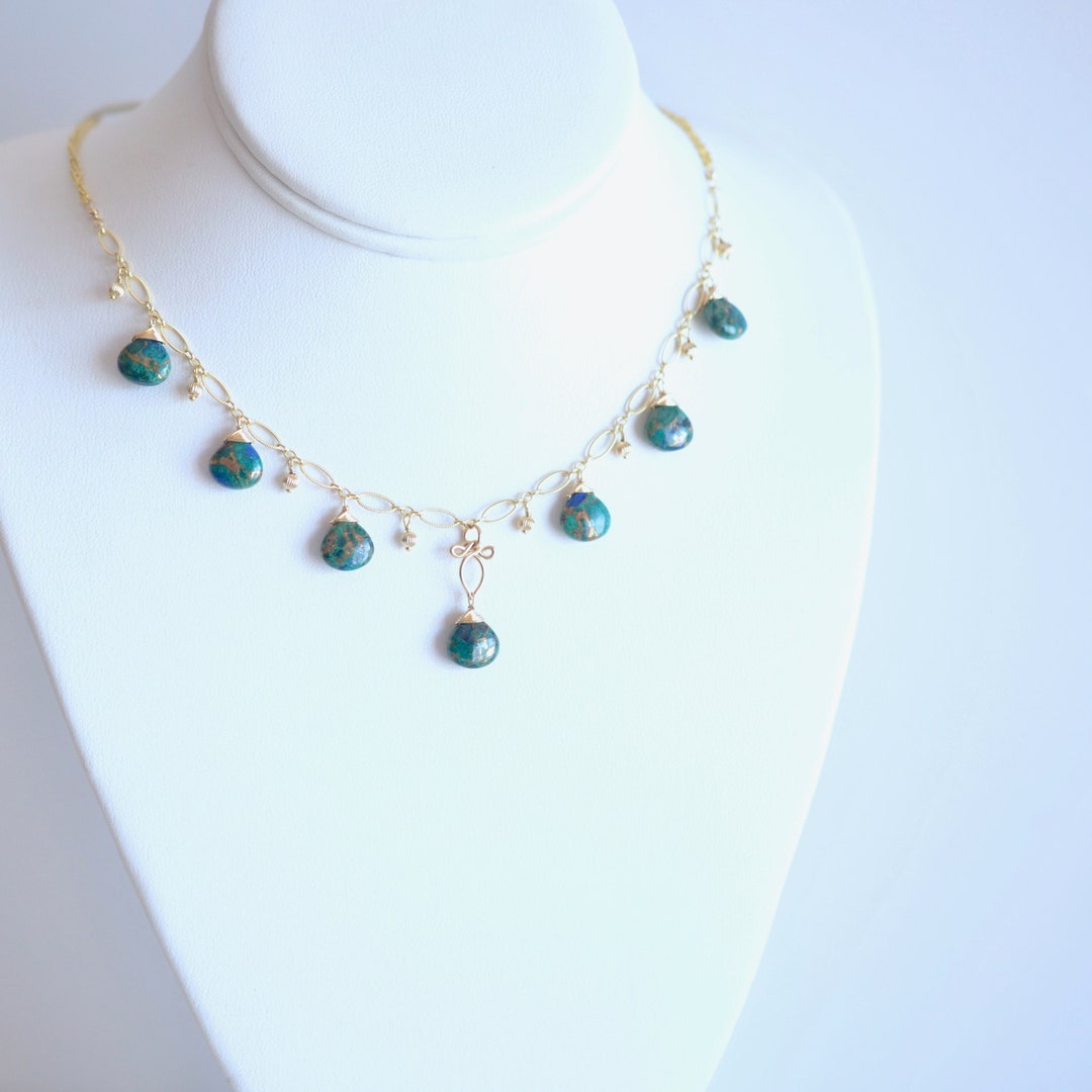 Copper Azurite Necklace, Gold Filled Necklace, Green Stones Necklace ...