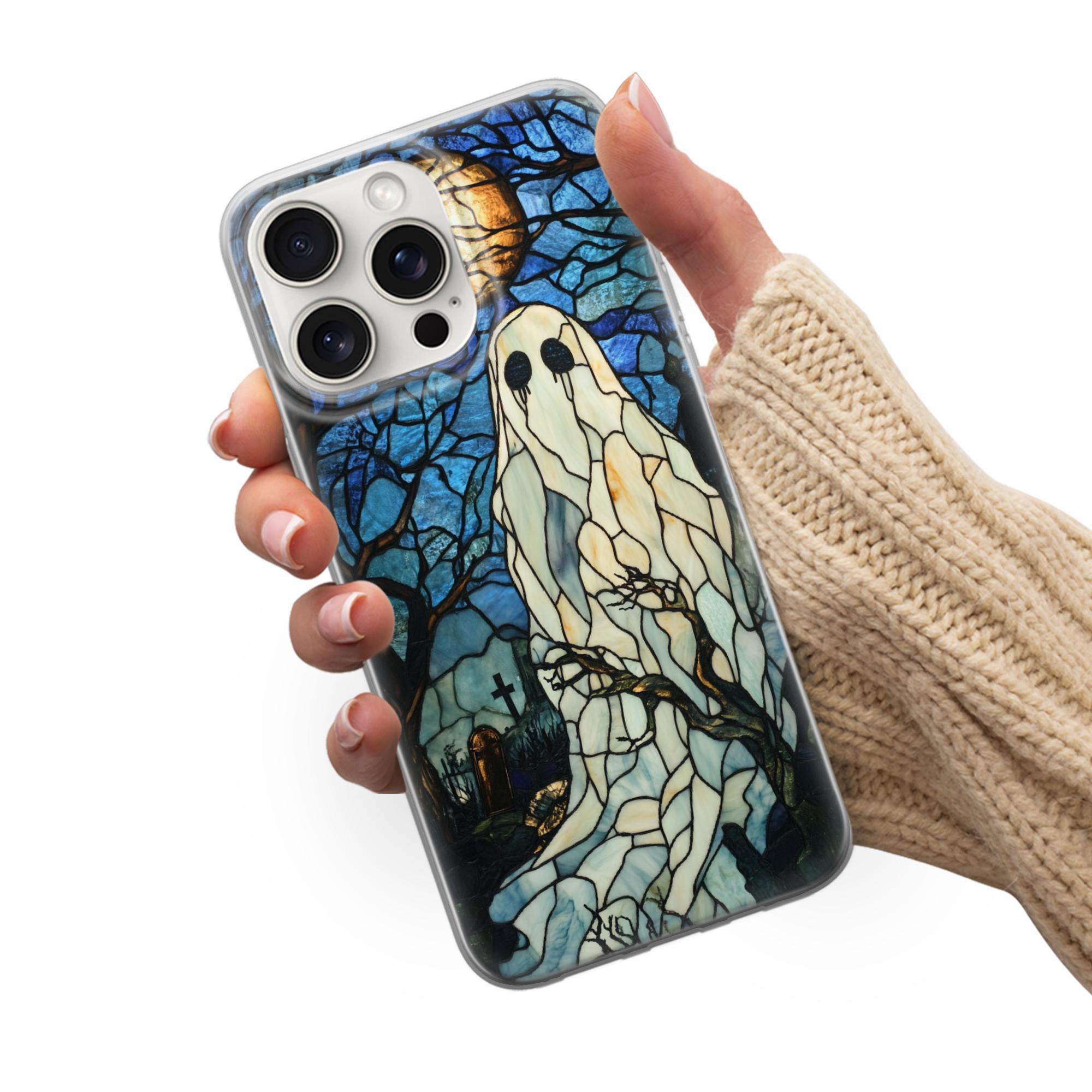 Fall Ghost and Graveyard Phone Case, Stained Glass Halloween Phone Case ...