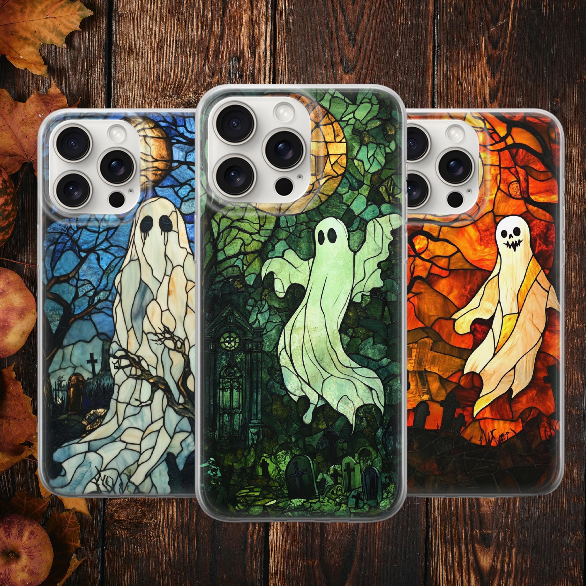 Fall Ghost and Graveyard Phone Case, Stained Glass Halloween Phone Case ...
