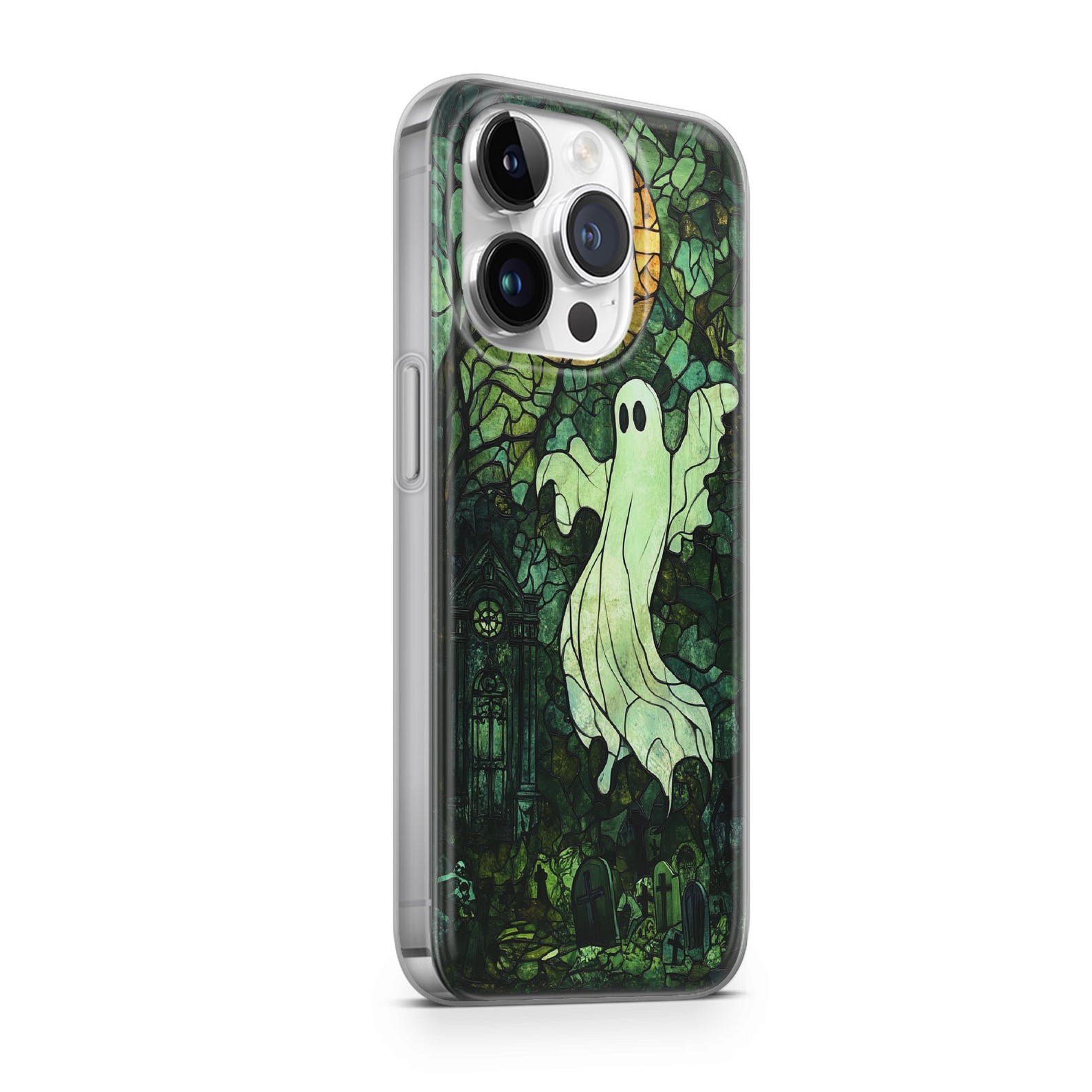Fall Ghost and Graveyard Phone Case, Stained Glass Halloween Phone Case ...