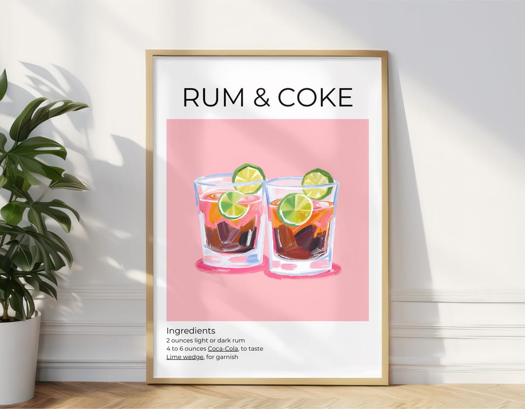 Rum and Coke Cocktail Wall Art, Bar Cart Decor, Rum and Coke Poster ...