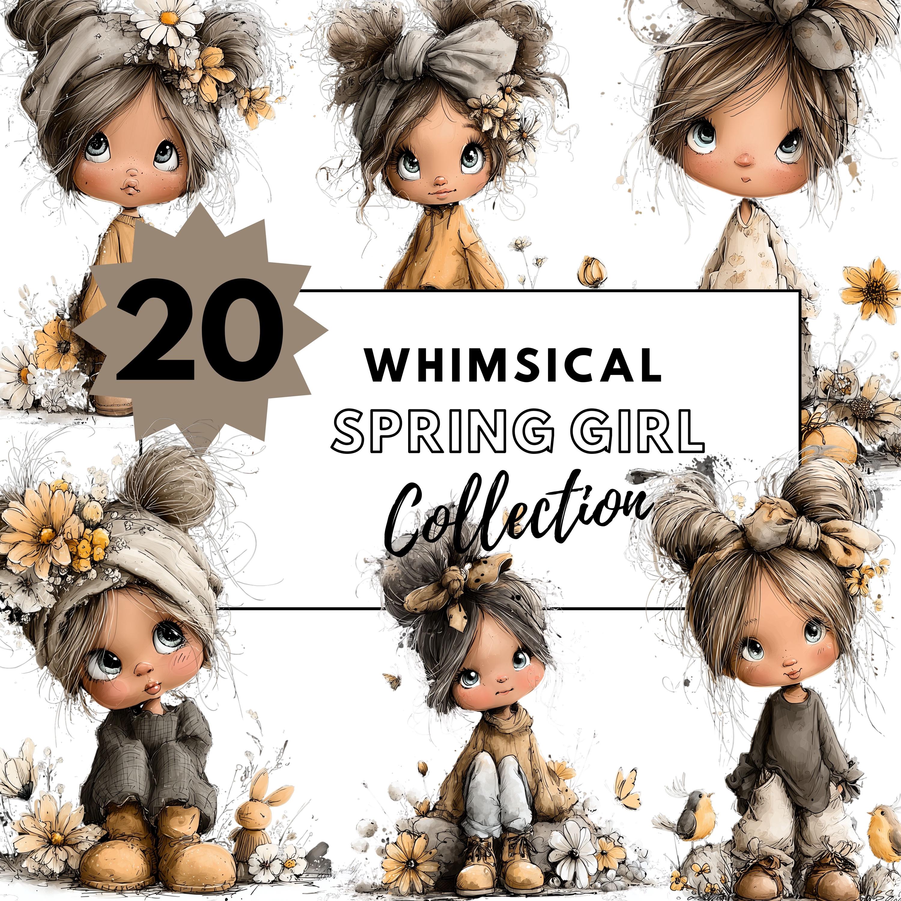 Boho Spring Girl Clipart: Floral Cartoon Illustrations (digital ...