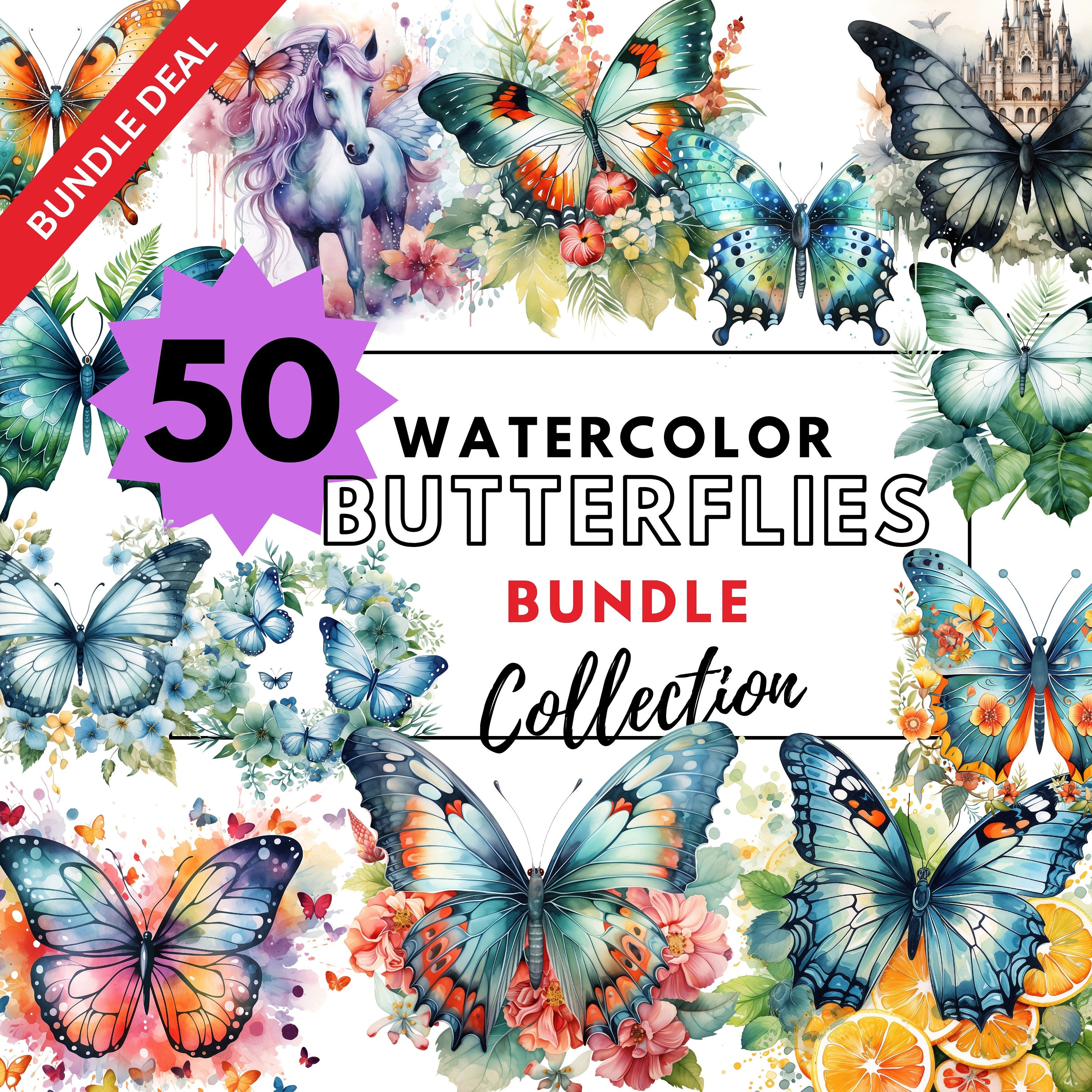 Butterfly Watercolor Clipart Bundle 50 Exquisite Hand-painted Style ...