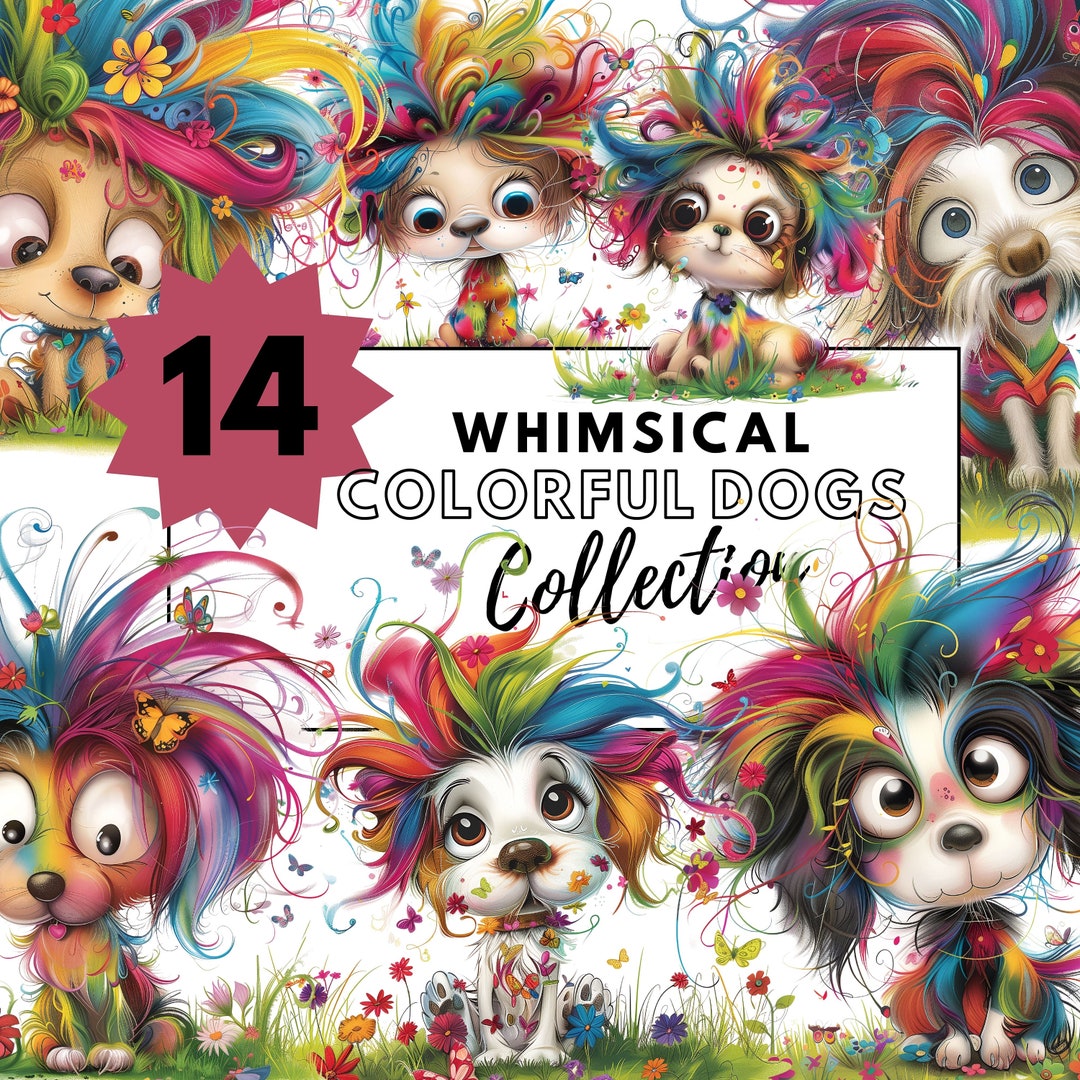 Whimsical Rainbow Puppies Clip Art Collection - 14 Adorable Colorful ...