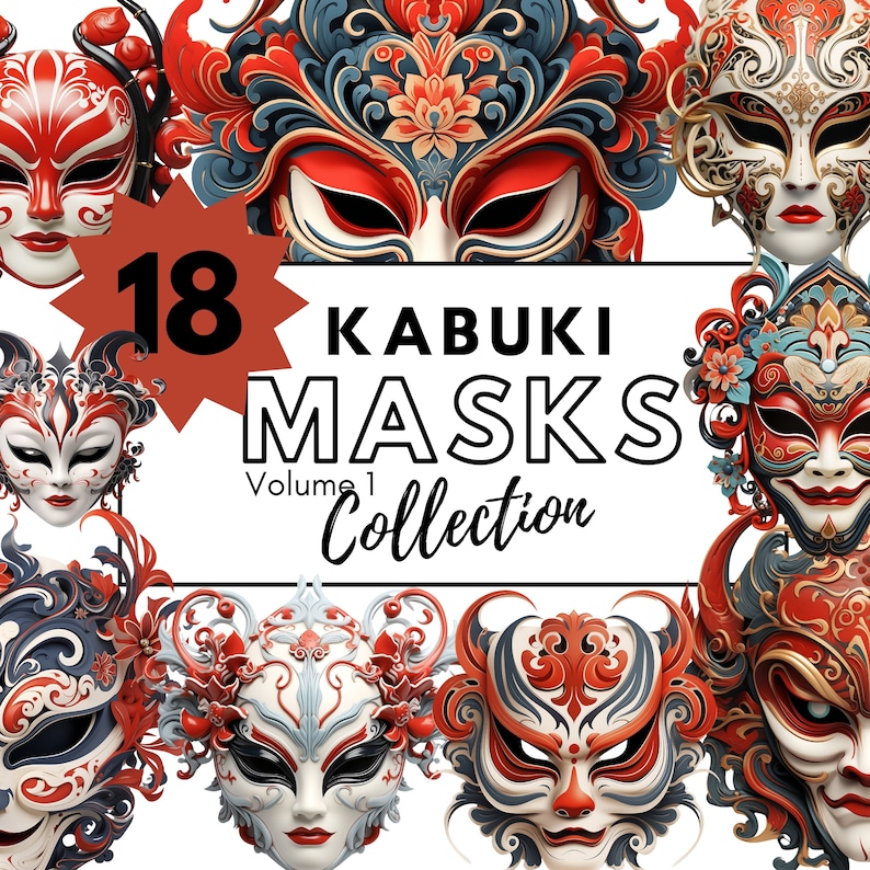 Japanese Kabuki Masks Clipart - Realistic Noh Collection Volume 1 - Etsy
