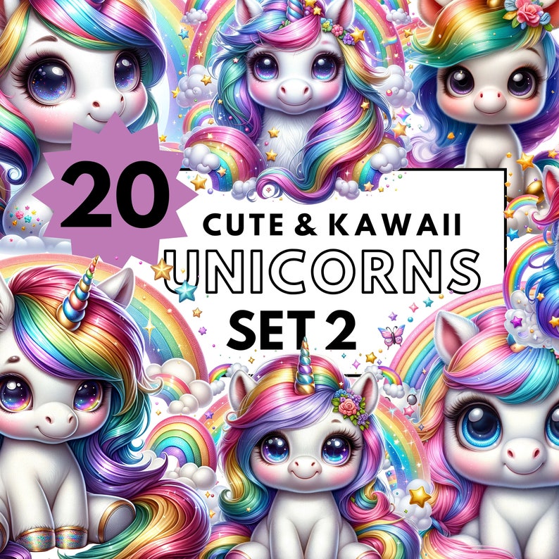Cute & Adorable Kawaii Unicorn Clip Art Set 2 20 Unique Unicorn ...