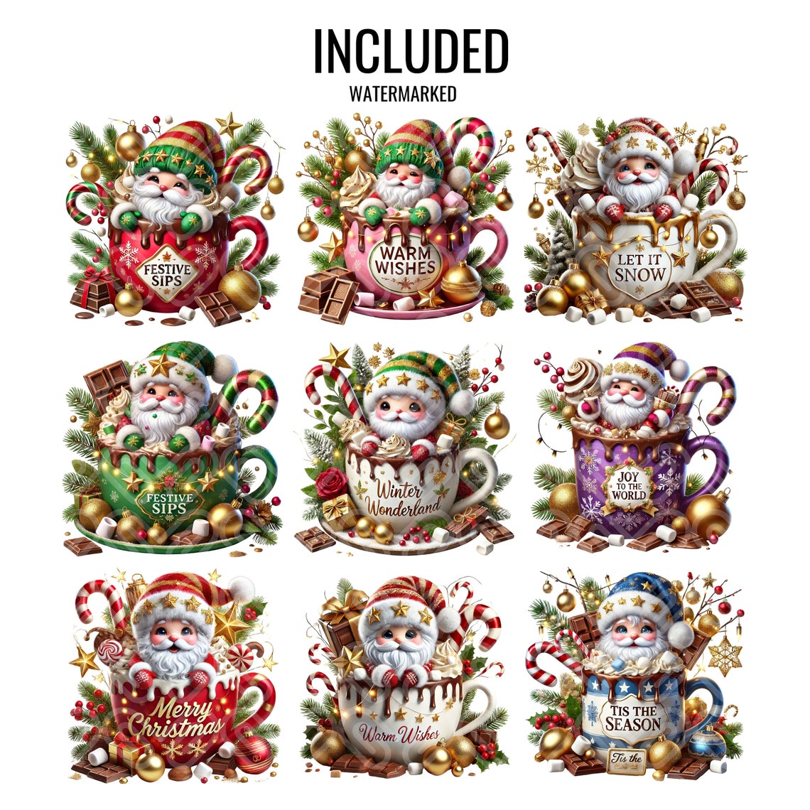 Cute Santa Christmas Cups Clipart - Holiday Hot Chocolate, Festive ...