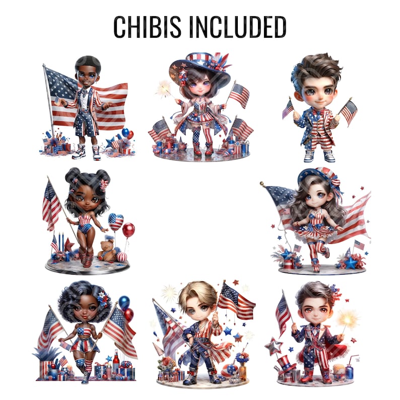 Chibi 4th of July Celebrations Clip Art | 28 Patriotic Chibi Characters ...